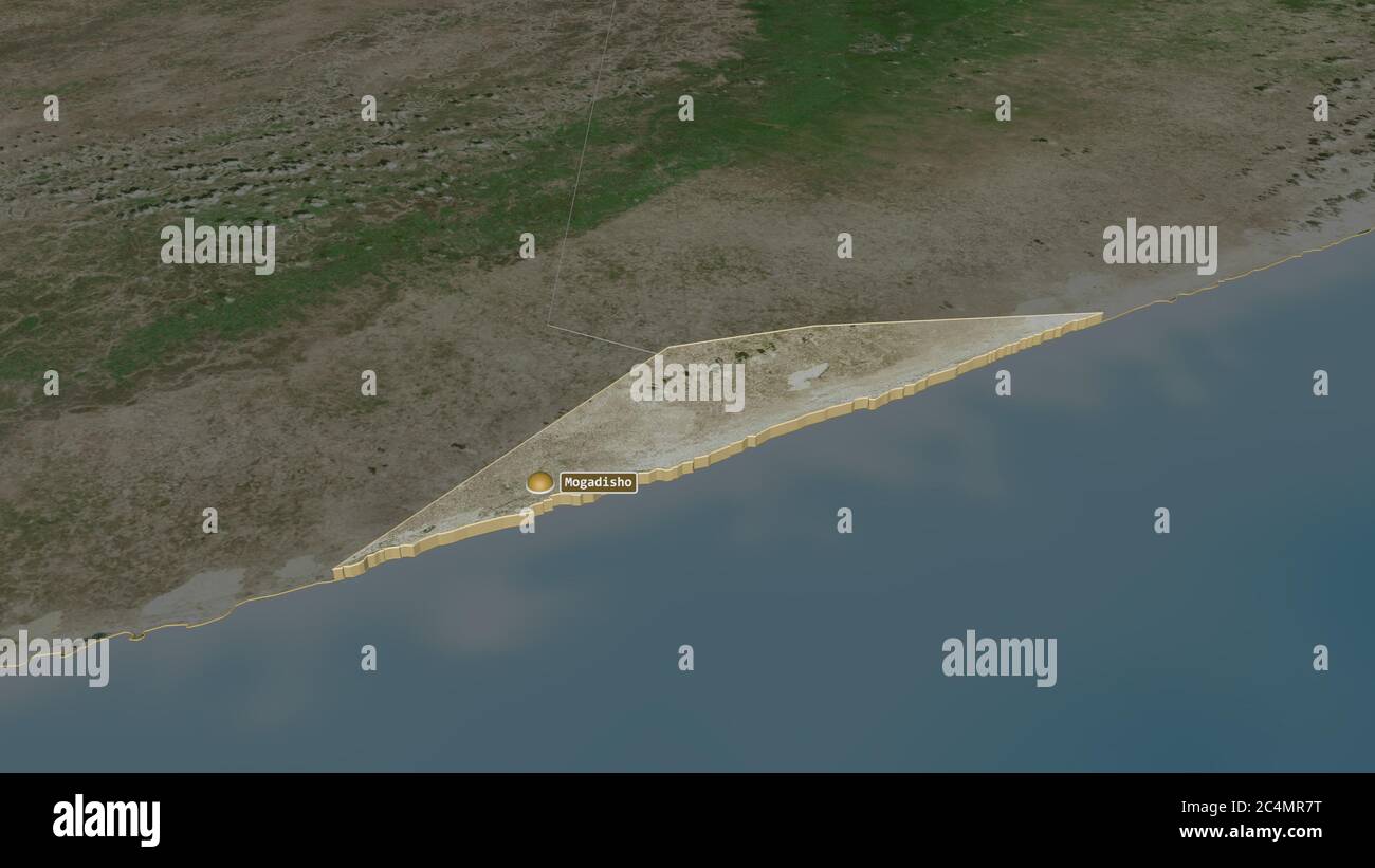 Zoom in on Banaadir (region of Somalia) extruded. Oblique perspective ...