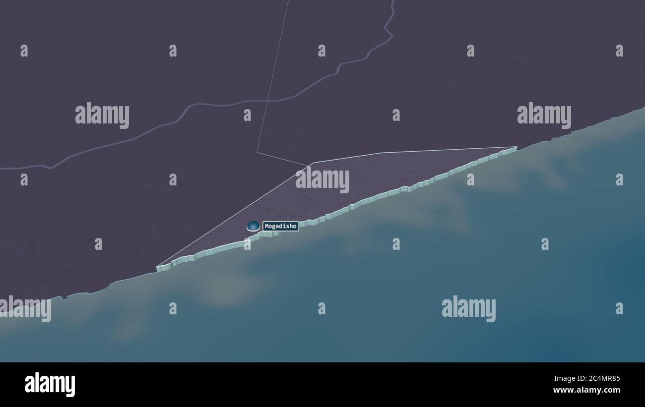 Zoom in on Banaadir (region of Somalia) extruded. Oblique perspective ...