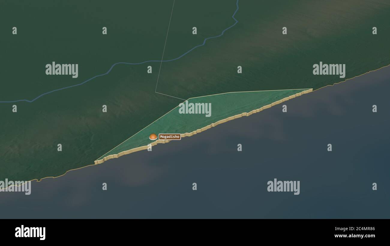 Zoom in on Banaadir (region of Somalia) extruded. Oblique perspective ...