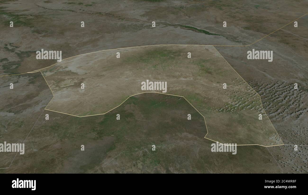 Zoom in on Bakool (region of Somalia) outlined. Oblique perspective ...