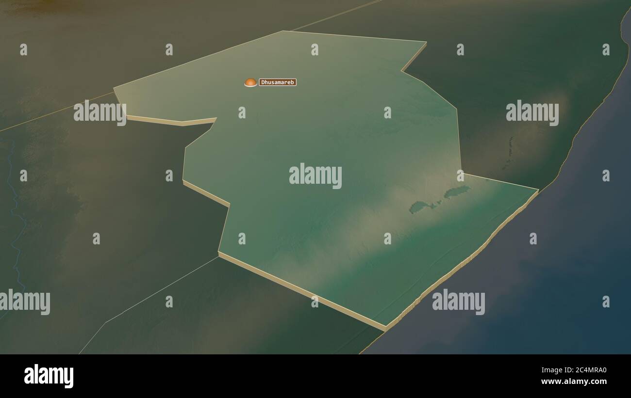 Zoom in on Galguduud (region of Somalia) extruded. Oblique perspective ...