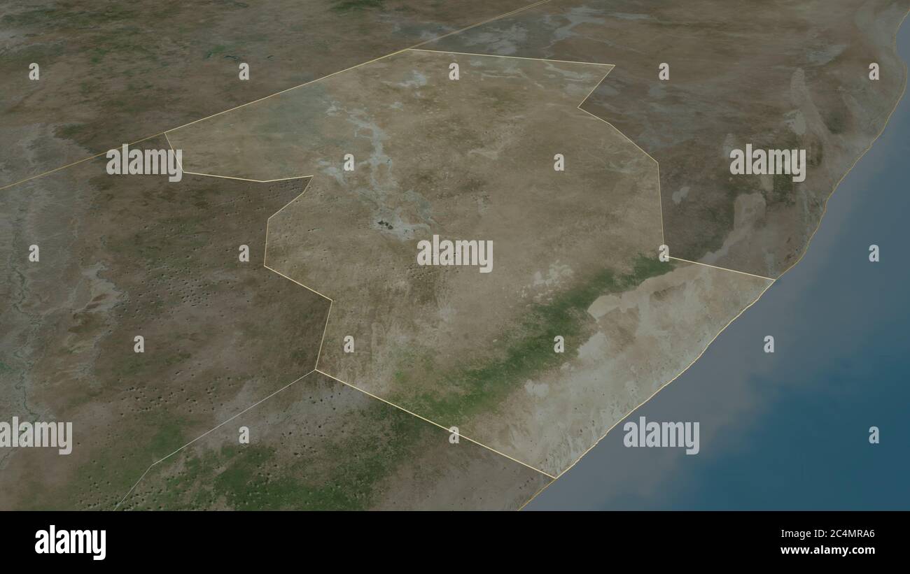 Zoom in on Galguduud (region of Somalia) outlined. Oblique perspective ...