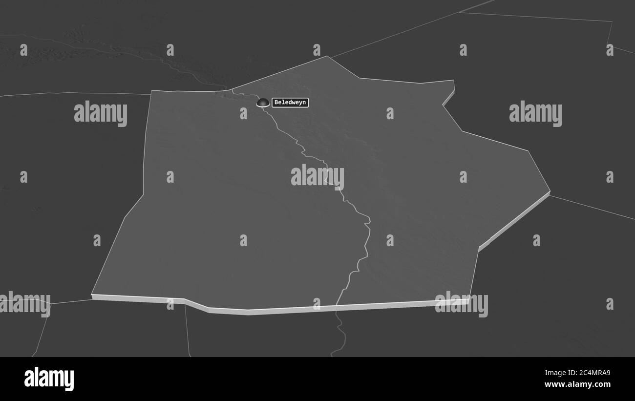 Zoom in on Hiiraan (region of Somalia) extruded. Oblique perspective ...