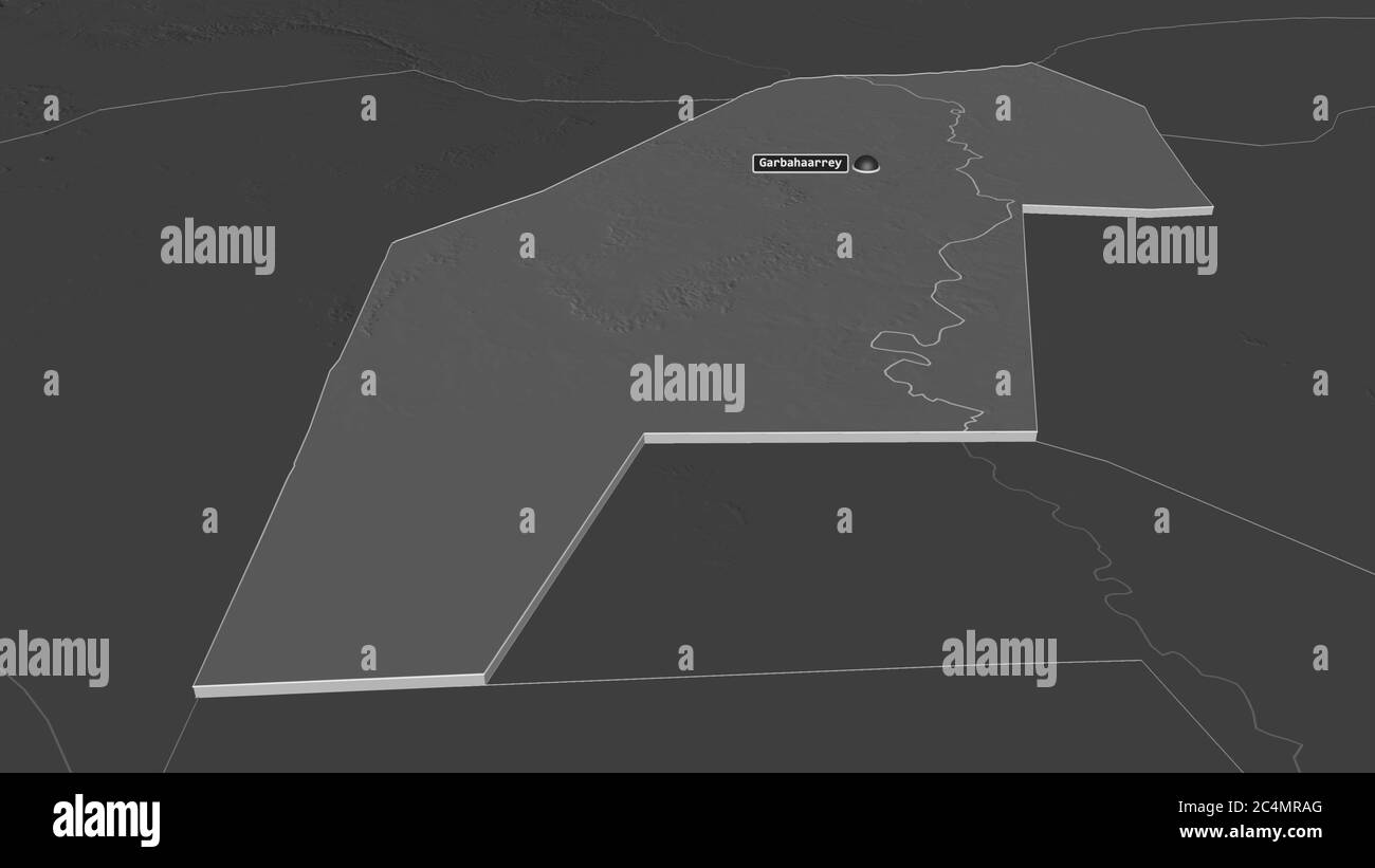 Zoom in on Gedo (region of Somalia) extruded. Oblique perspective ...