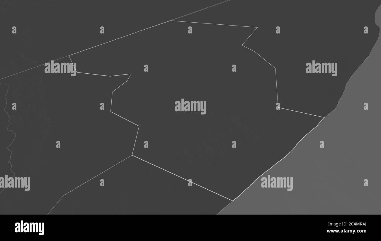 Zoom in on Galguduud (region of Somalia) outlined. Oblique perspective ...