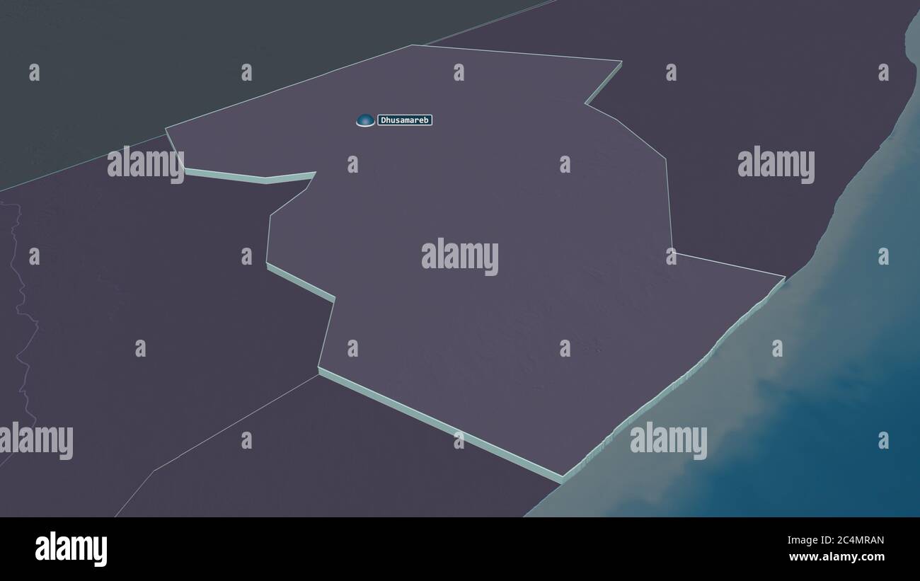Zoom in on Galguduud (region of Somalia) extruded. Oblique perspective ...