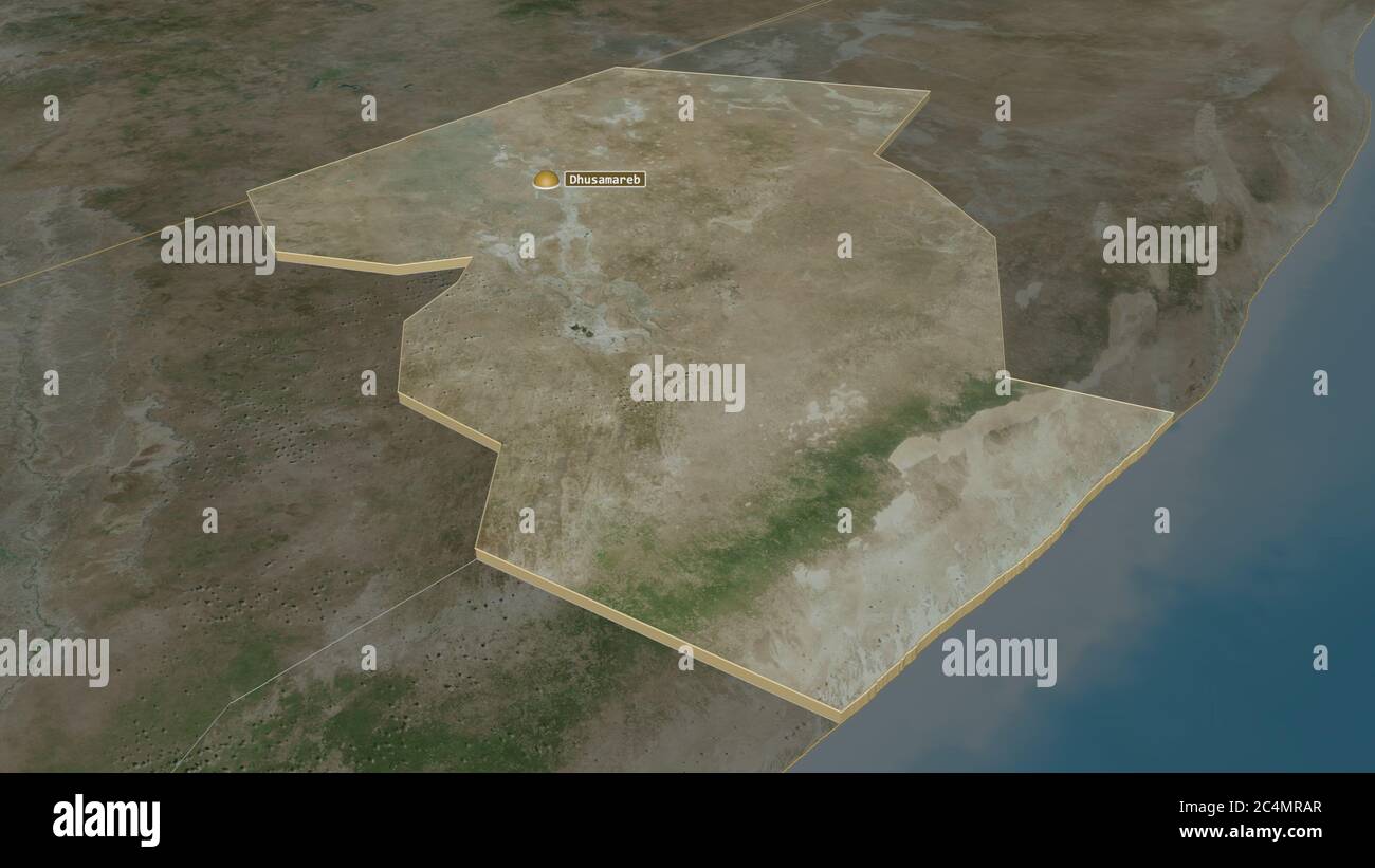 Zoom in on Galguduud (region of Somalia) extruded. Oblique perspective ...