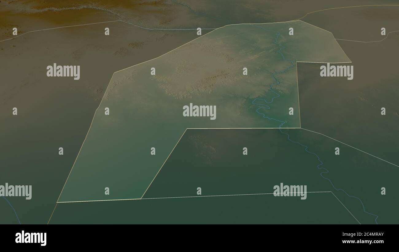 Zoom in on Gedo (region of Somalia) outlined. Oblique perspective ...