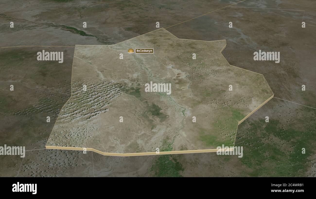 Zoom in on Hiiraan (region of Somalia) extruded. Oblique perspective ...