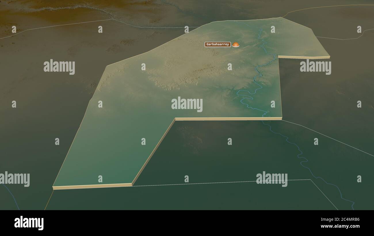 Zoom in on Gedo (region of Somalia) extruded. Oblique perspective ...