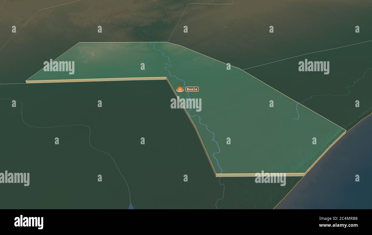 Zoom in on Jubbada Dhexe (region of Somalia) extruded. Oblique ...