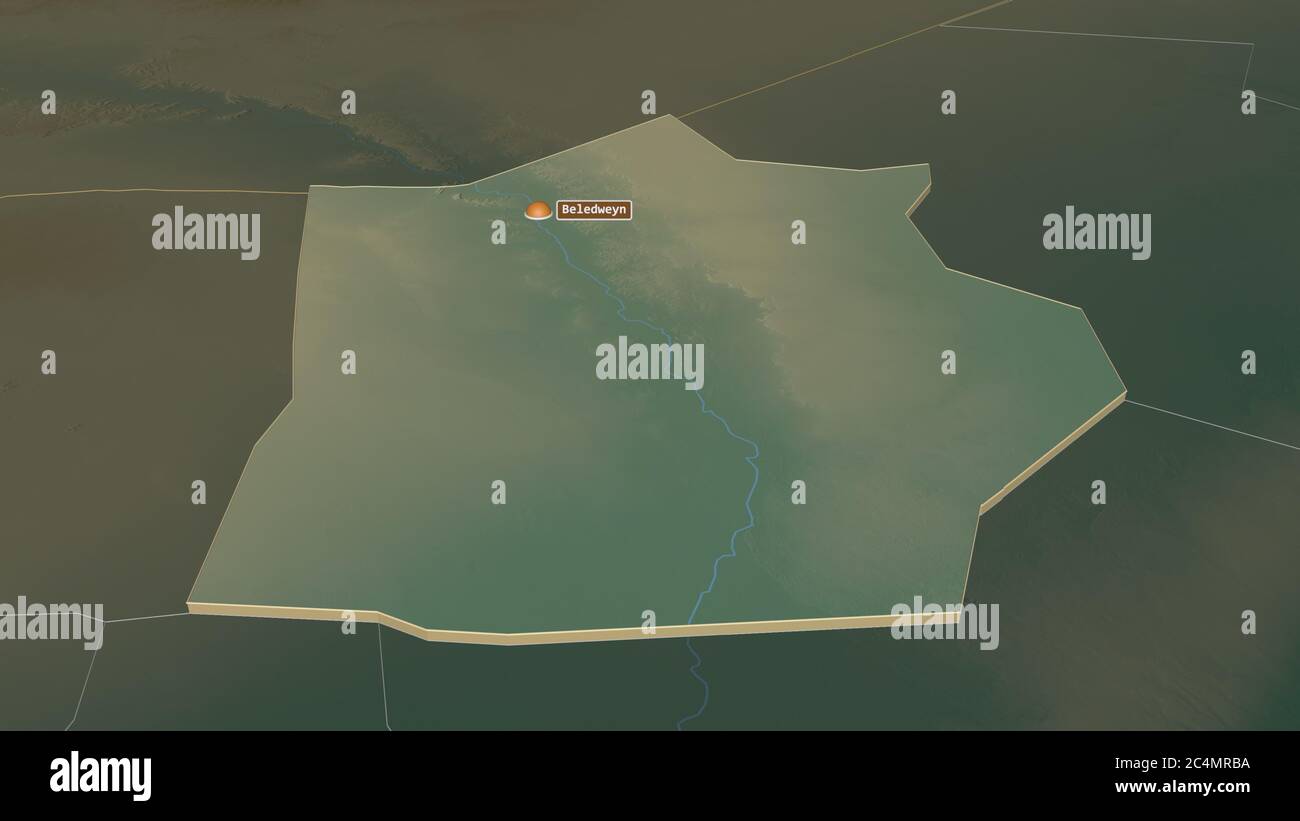 Zoom in on Hiiraan (region of Somalia) extruded. Oblique perspective ...