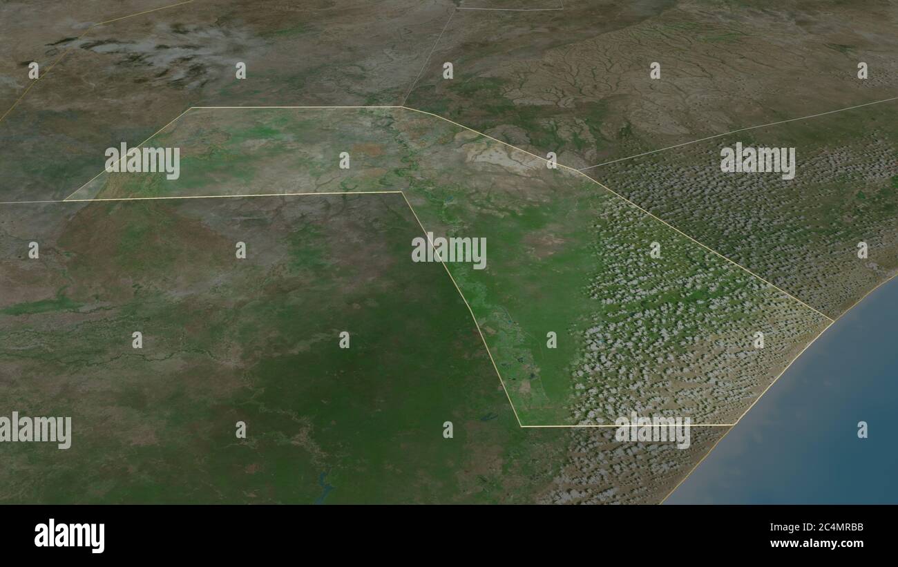Zoom in on Jubbada Dhexe (region of Somalia) outlined. Oblique ...