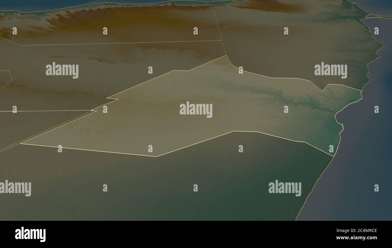Zoom in on Nugaal (region of Somalia) outlined. Oblique perspective ...