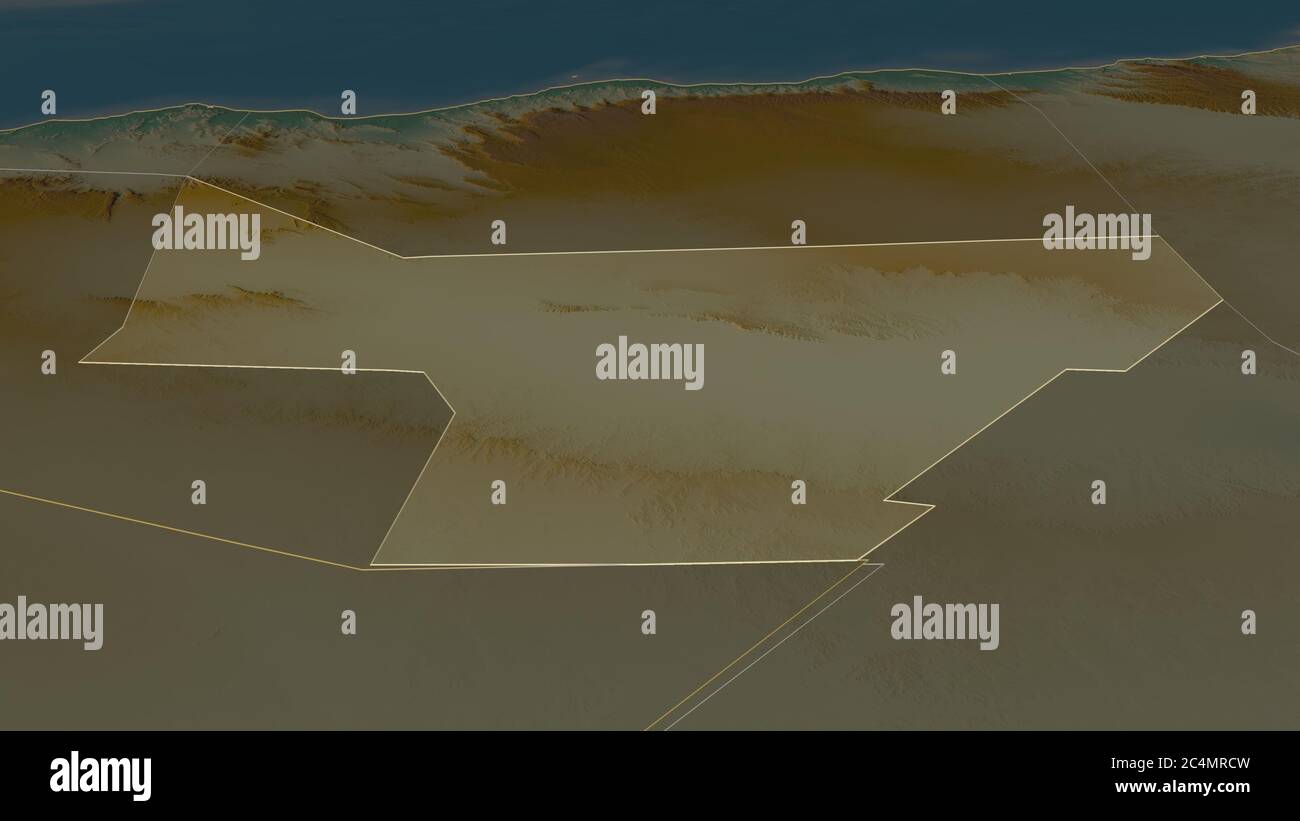 Zoom in on Sool (region of Somalia) outlined. Oblique perspective ...