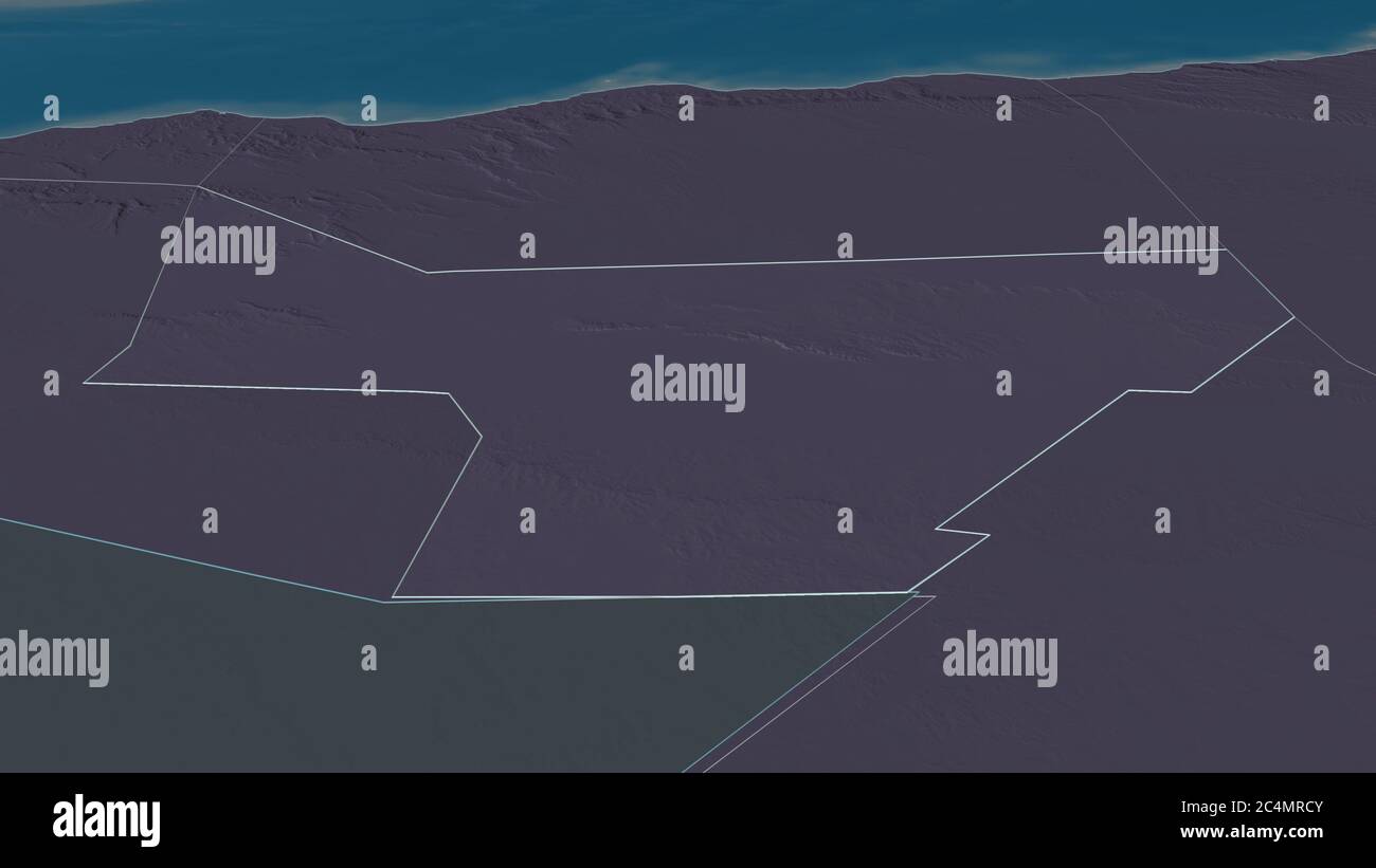 Zoom in on Sool (region of Somalia) outlined. Oblique perspective ...