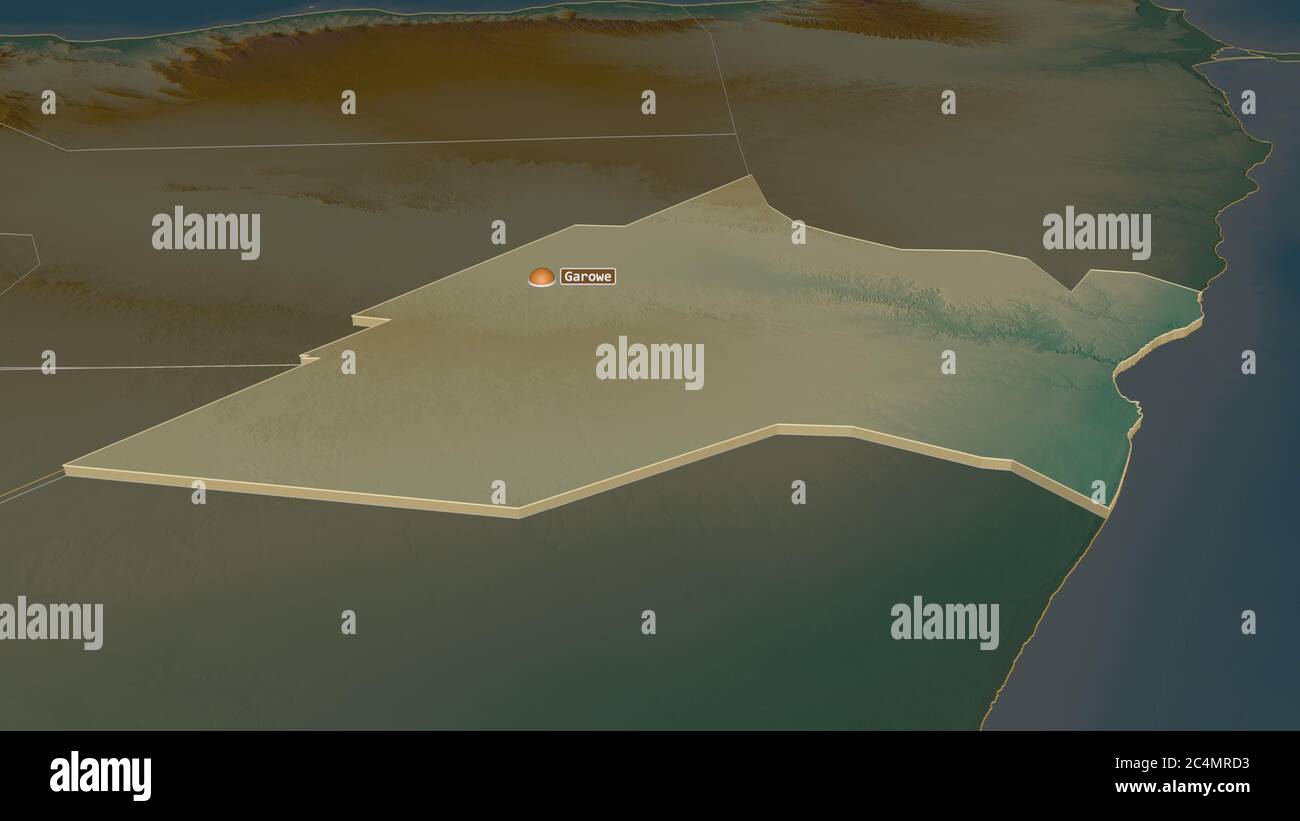 Zoom in on Nugaal (region of Somalia) extruded. Oblique perspective ...
