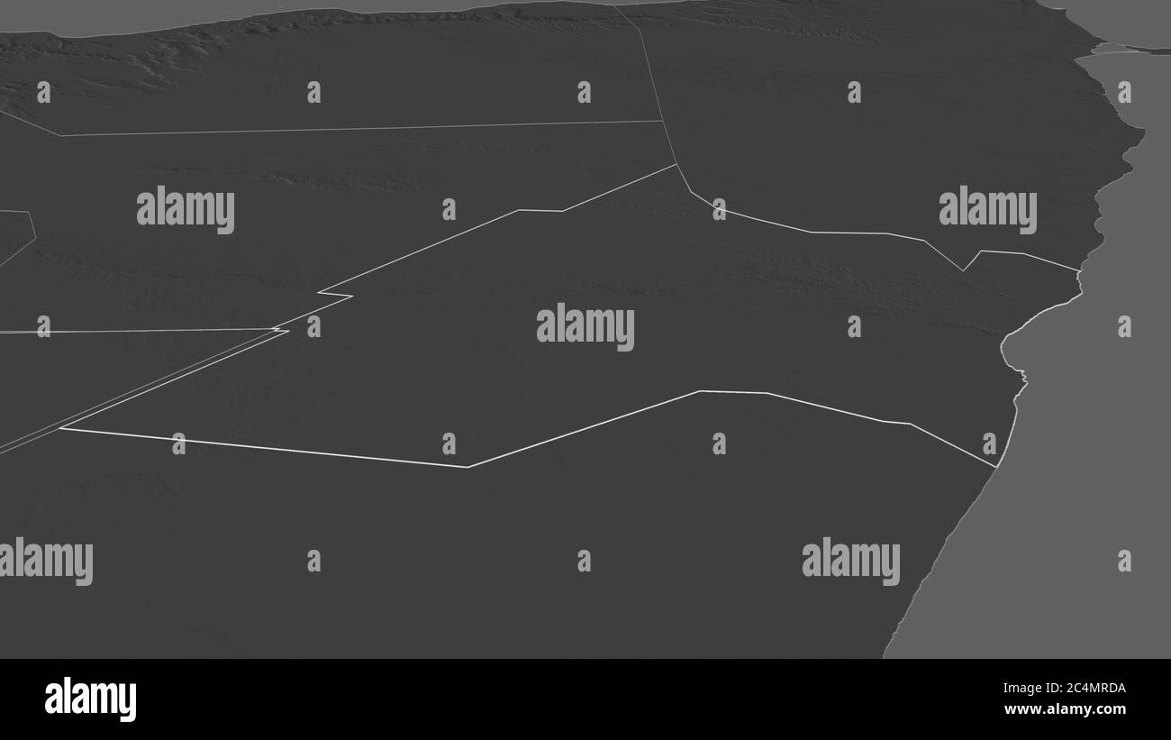 Zoom in on Nugaal (region of Somalia) outlined. Oblique perspective ...