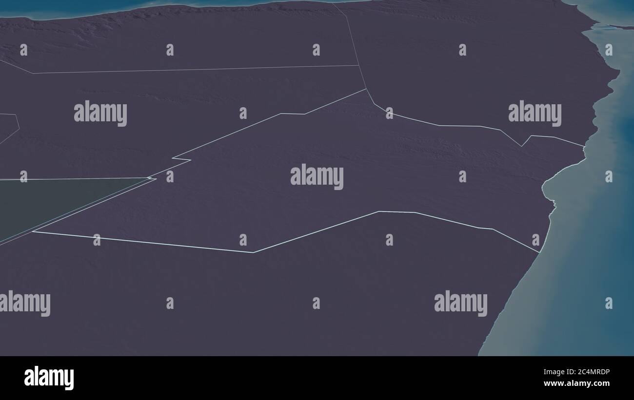 Zoom in on Nugaal (region of Somalia) outlined. Oblique perspective ...