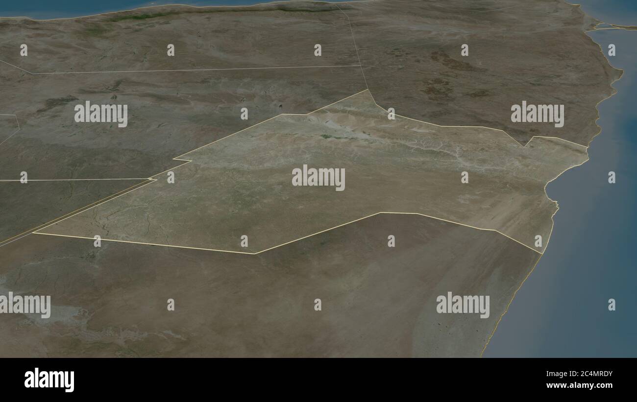 Zoom in on Nugaal (region of Somalia) outlined. Oblique perspective ...