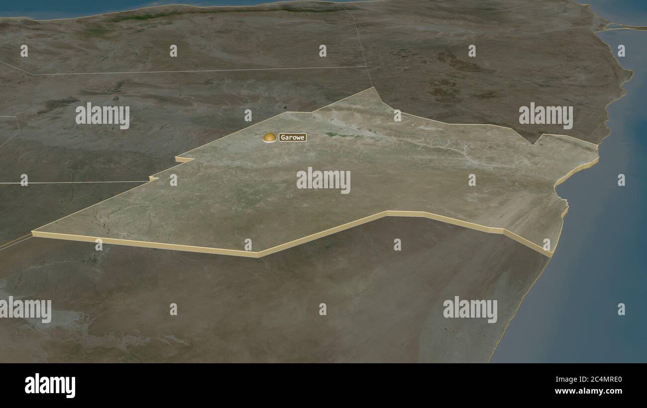 Zoom in on Nugaal (region of Somalia) extruded. Oblique perspective ...