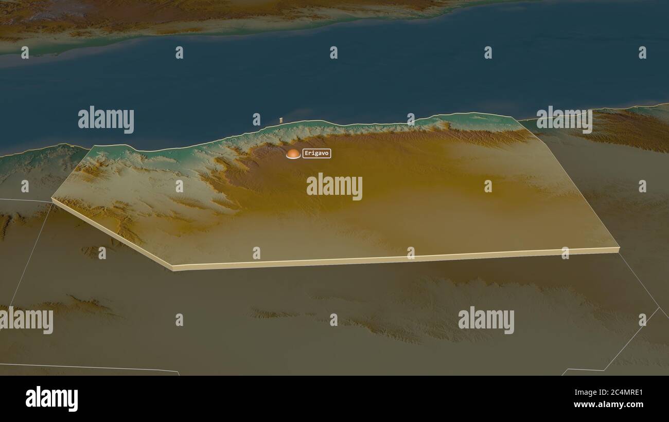 Zoom in on Sanaag (region of Somalia) extruded. Oblique perspective ...