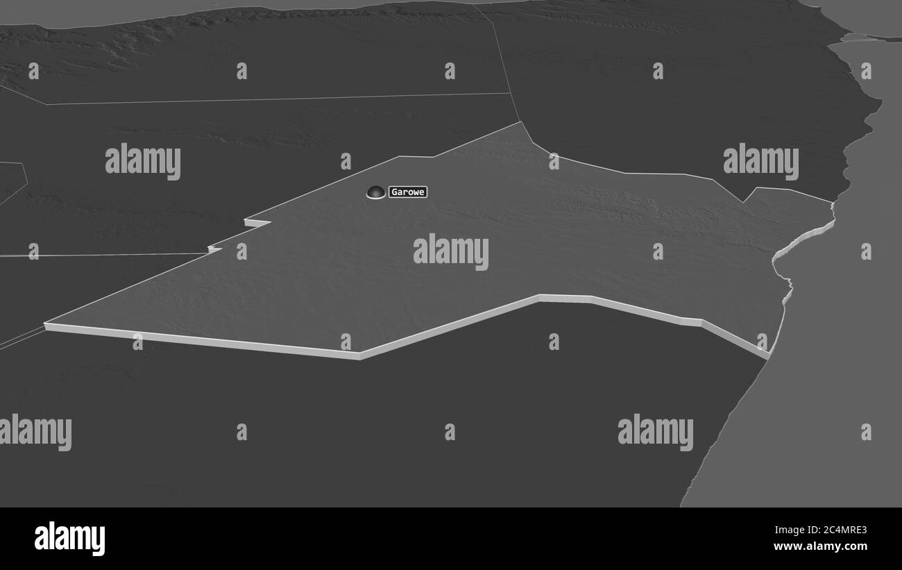 Zoom in on Nugaal (region of Somalia) extruded. Oblique perspective ...
