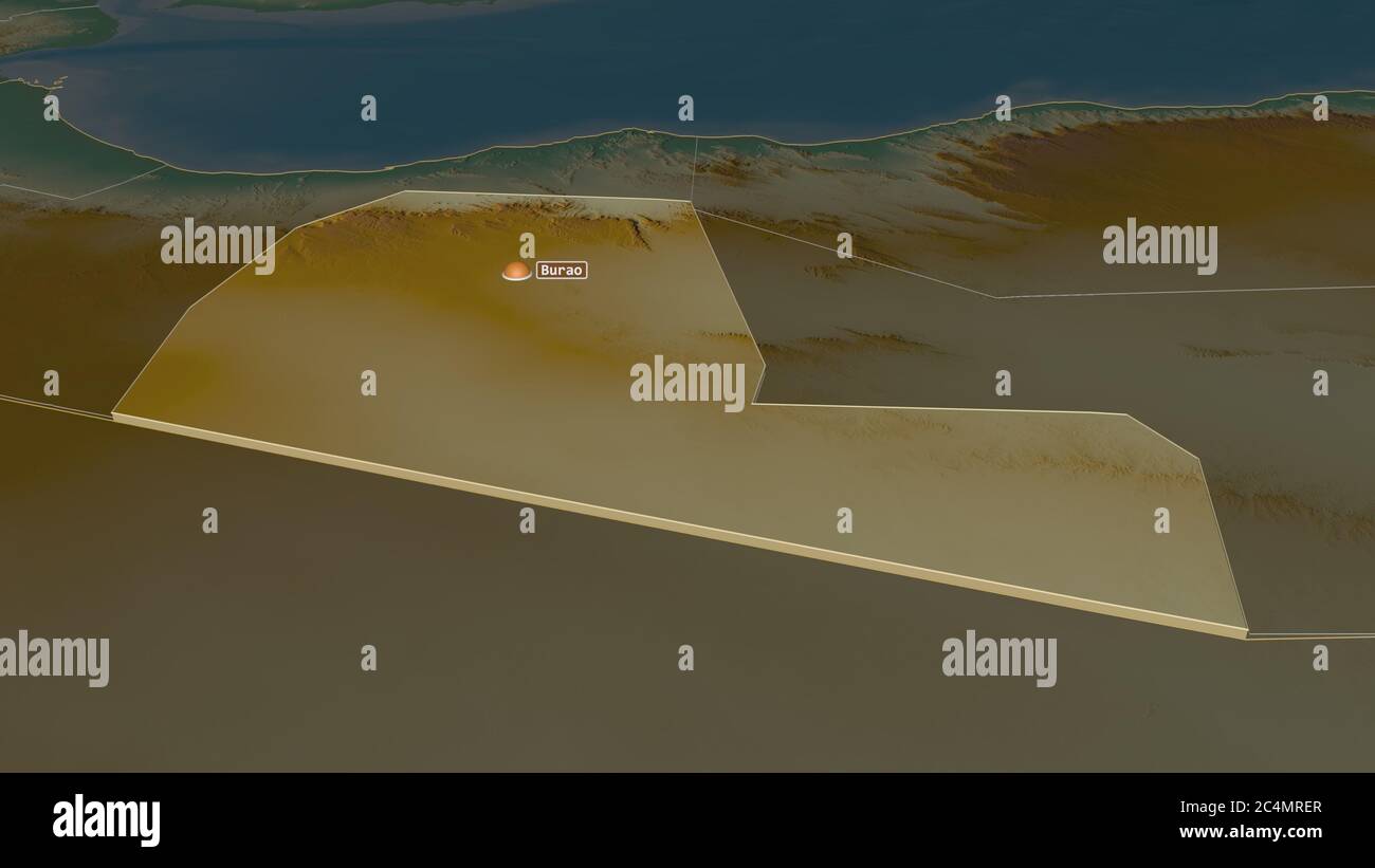 Zoom in on Togdheer (region of Somalia) extruded. Oblique perspective ...