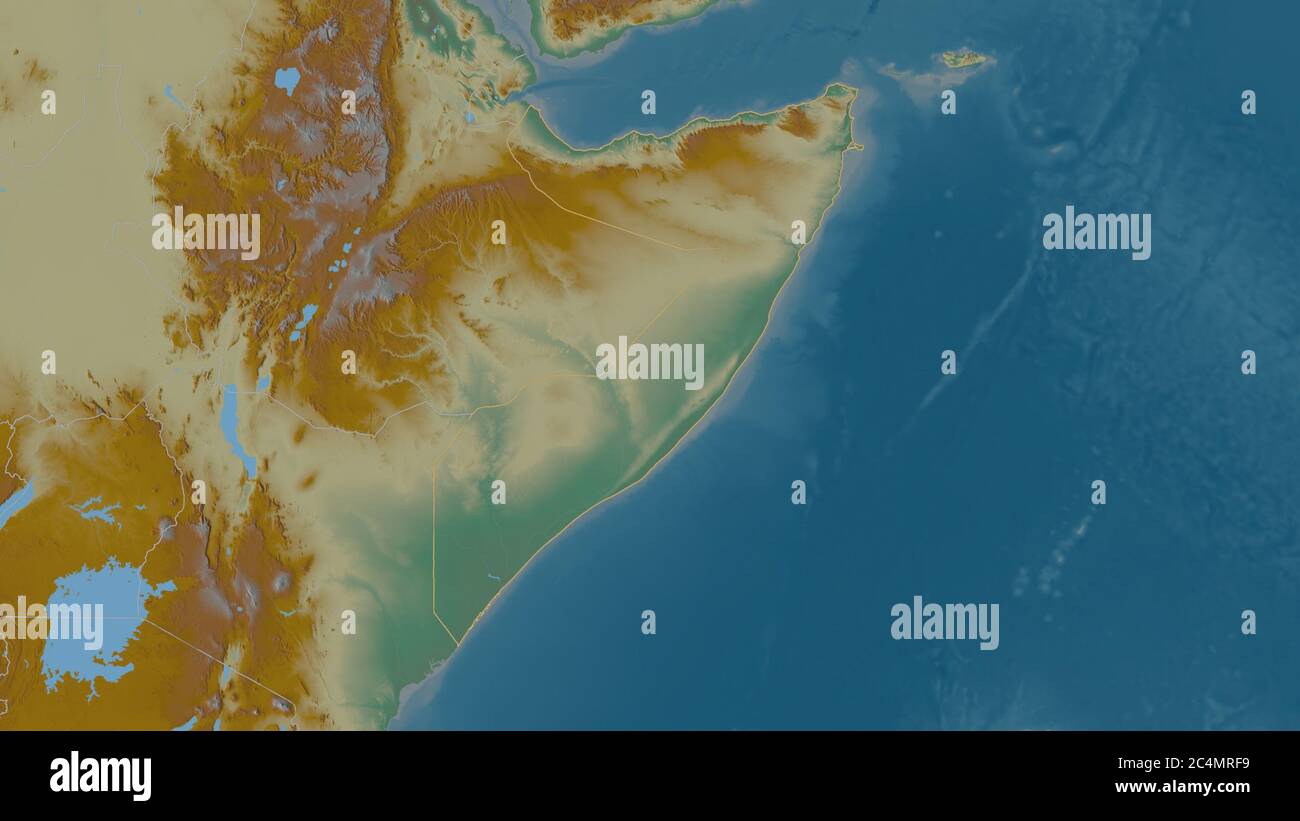 Outlined shape of the Somalia area. Topographic relief map with surface ...