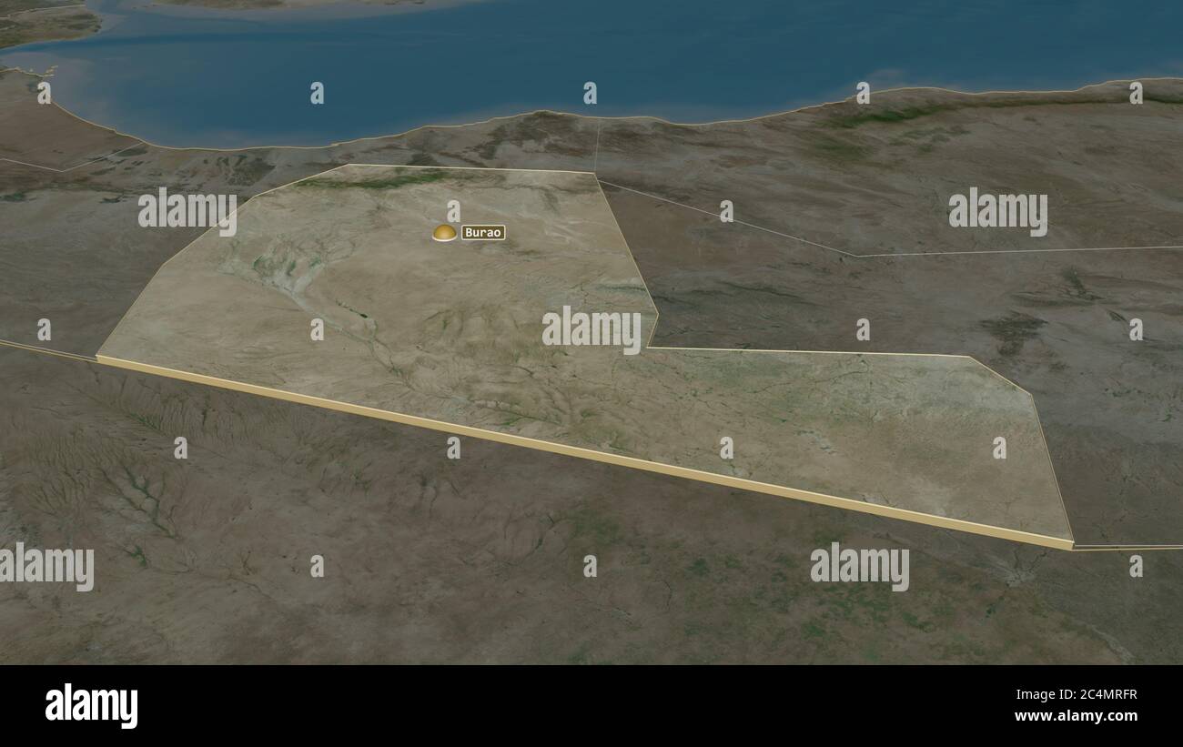 Zoom in on Togdheer (region of Somalia) extruded. Oblique perspective ...