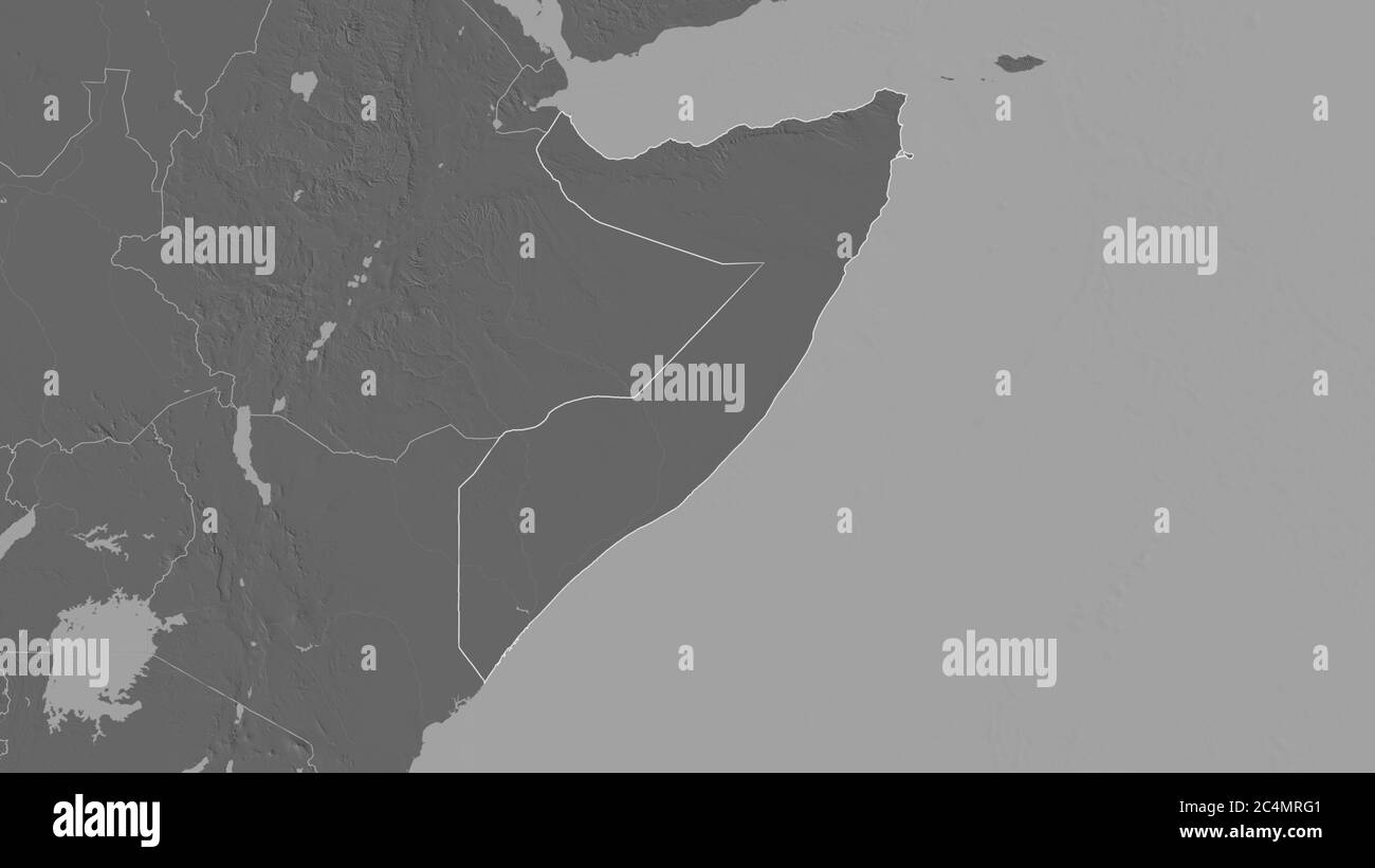 Outlined shape of the Somalia area. Bilevel elevation map with surface ...