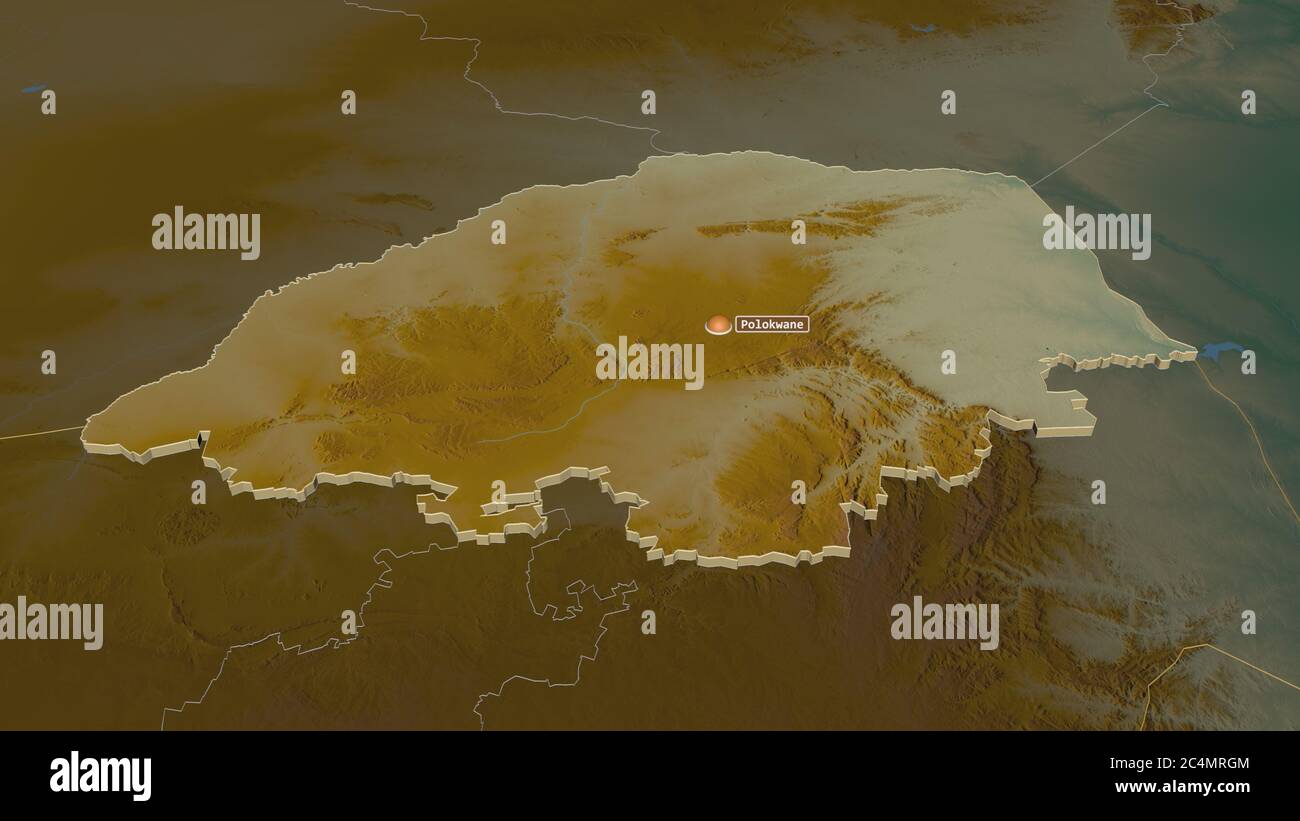 Zoom in on Limpopo (province of South Africa) extruded. Oblique ...