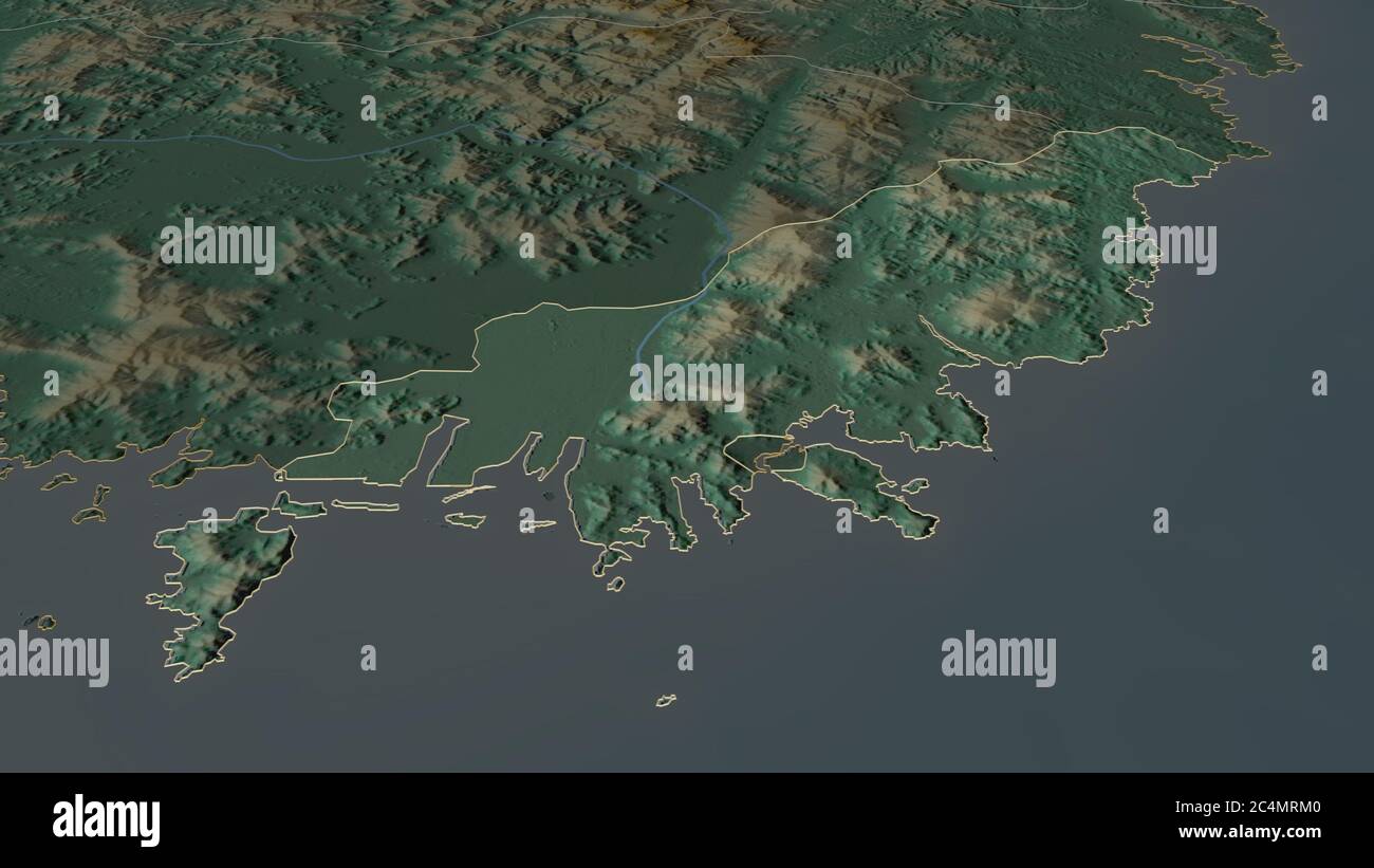 Zoom in on Busan (metropolitan city of South Korea) outlined. Oblique ...