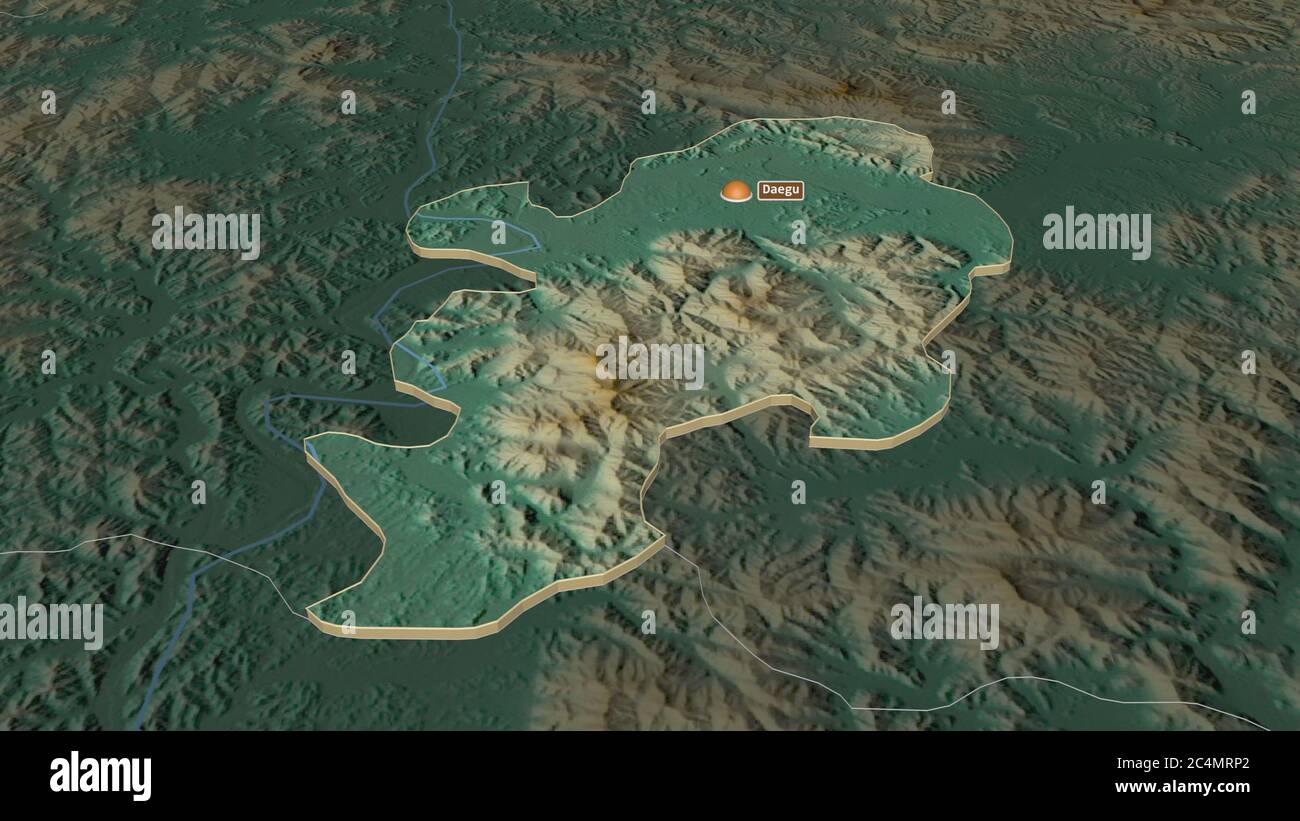 Zoom in on Daegu (metropolitan city of South Korea) extruded. Oblique ...