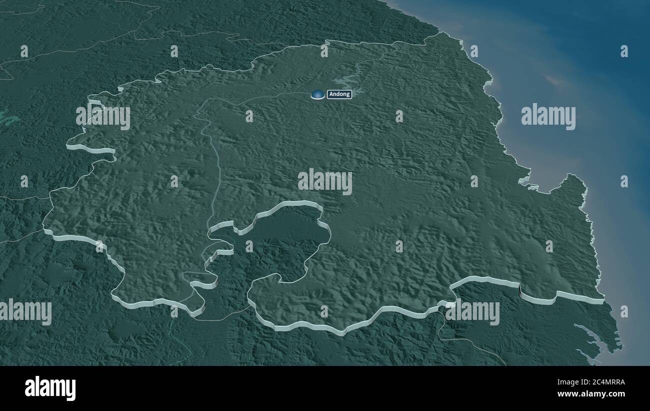 Zoom in on Gyeongsangbuk-do (province of South Korea) extruded. Oblique ...