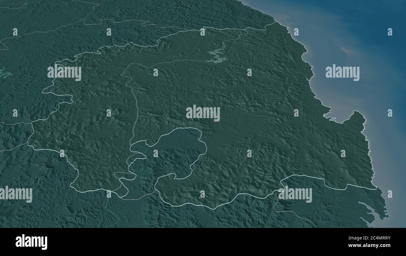 Zoom in on Gyeongsangbuk-do (province of South Korea) outlined. Oblique ...