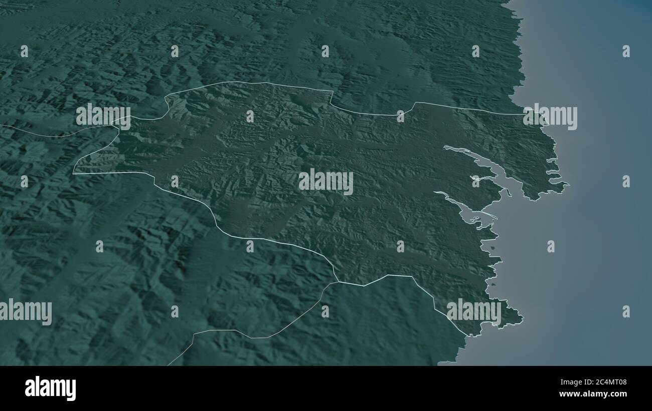 Zoom in on Ulsan (metropolitan city of South Korea) outlined. Oblique ...