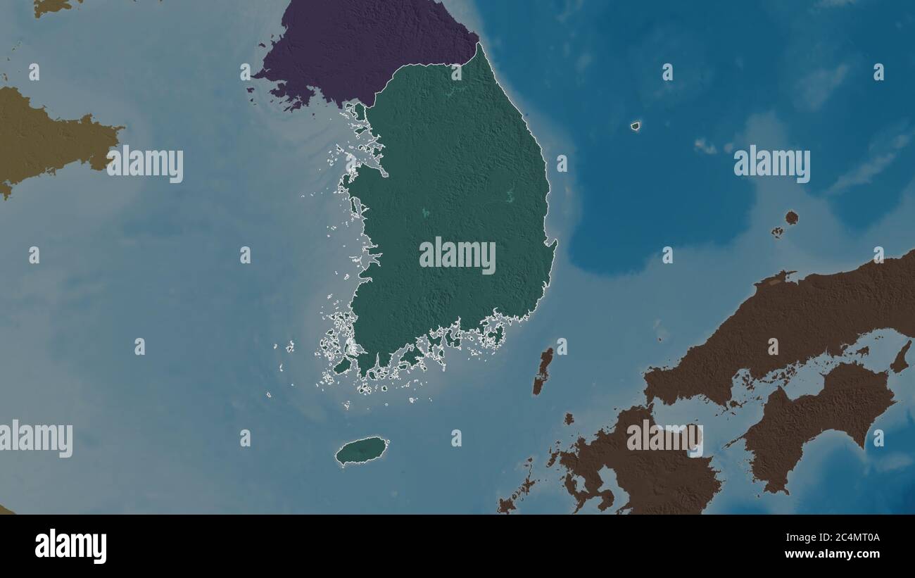 Outlined shape of the South Korea area. Colored and bumped map of the ...