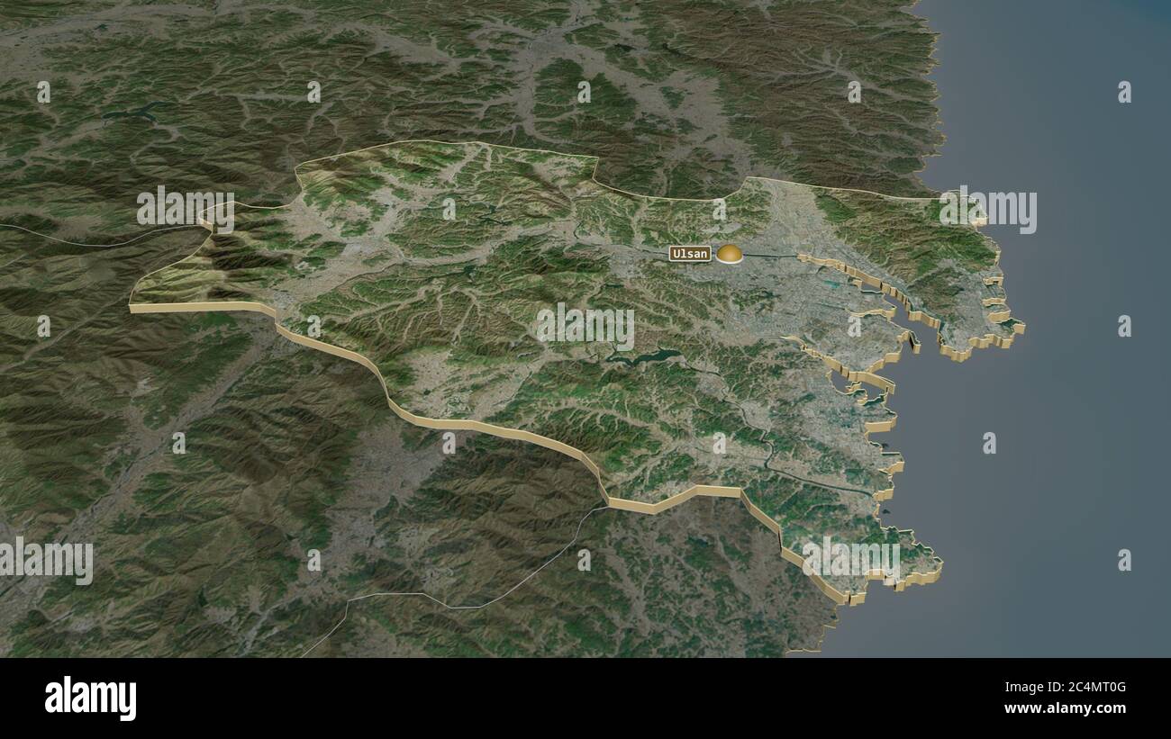 Zoom in on Ulsan (metropolitan city of South Korea) extruded. Oblique ...