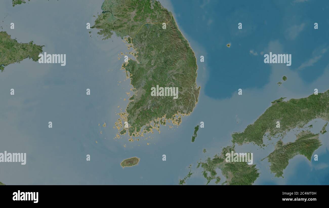 Outlined shape of the South Korea area. Satellite imagery. 3D rendering ...