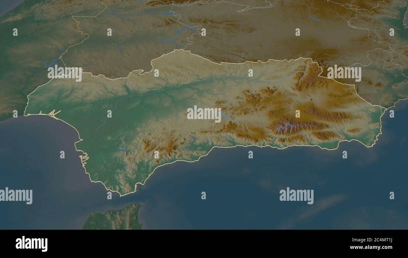 Zoom in on Andalucía (autonomous community of Spain) outlined. Oblique ...