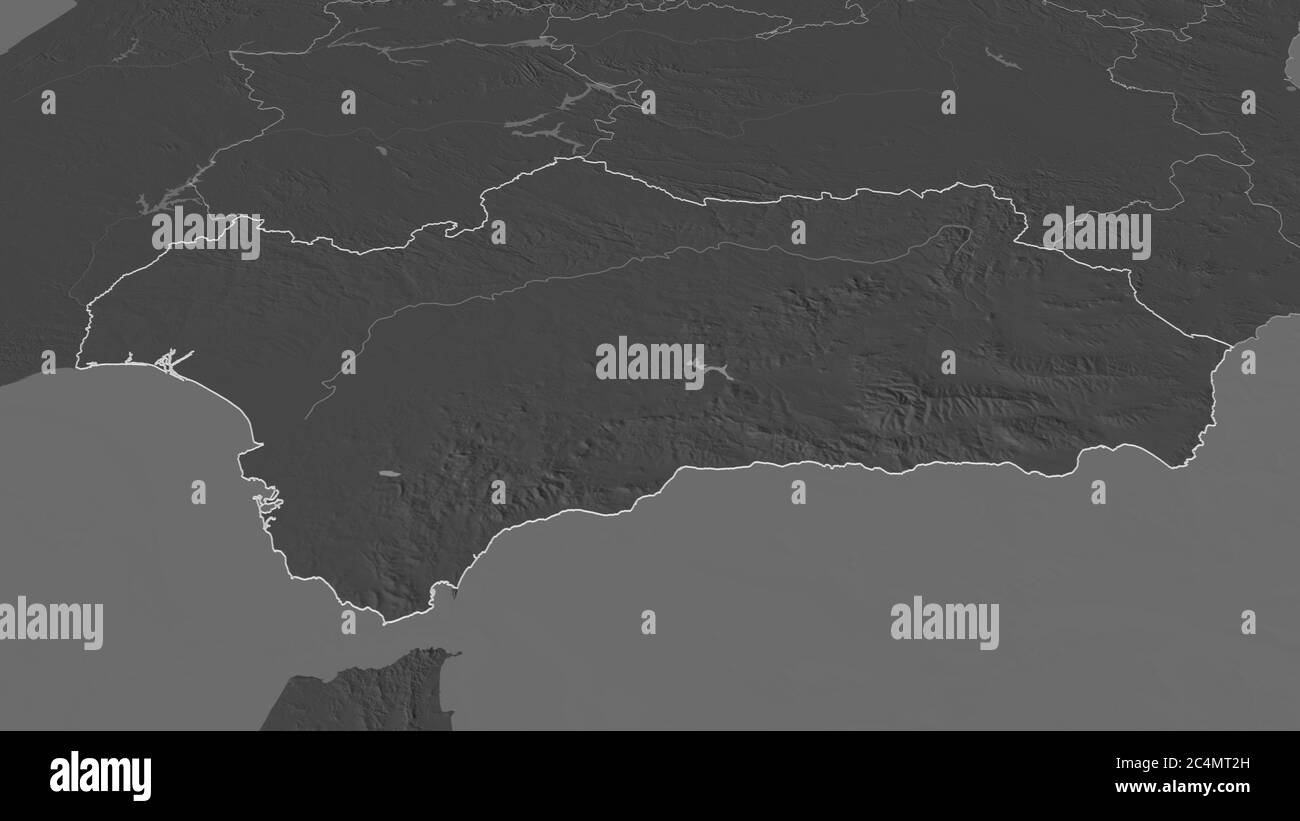 Zoom in on Andalucía (autonomous community of Spain) outlined. Oblique ...