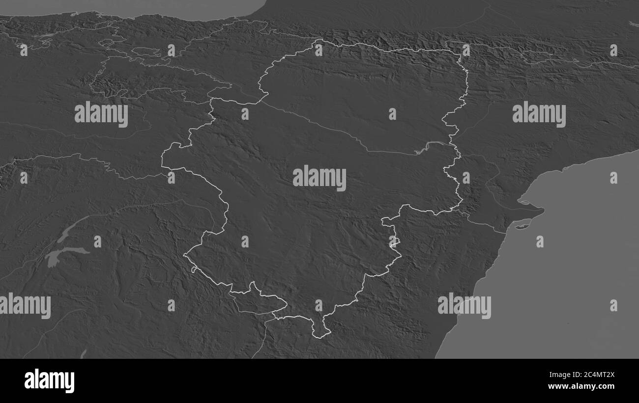 Zoom in on Aragón (autonomous community of Spain) outlined. Oblique ...