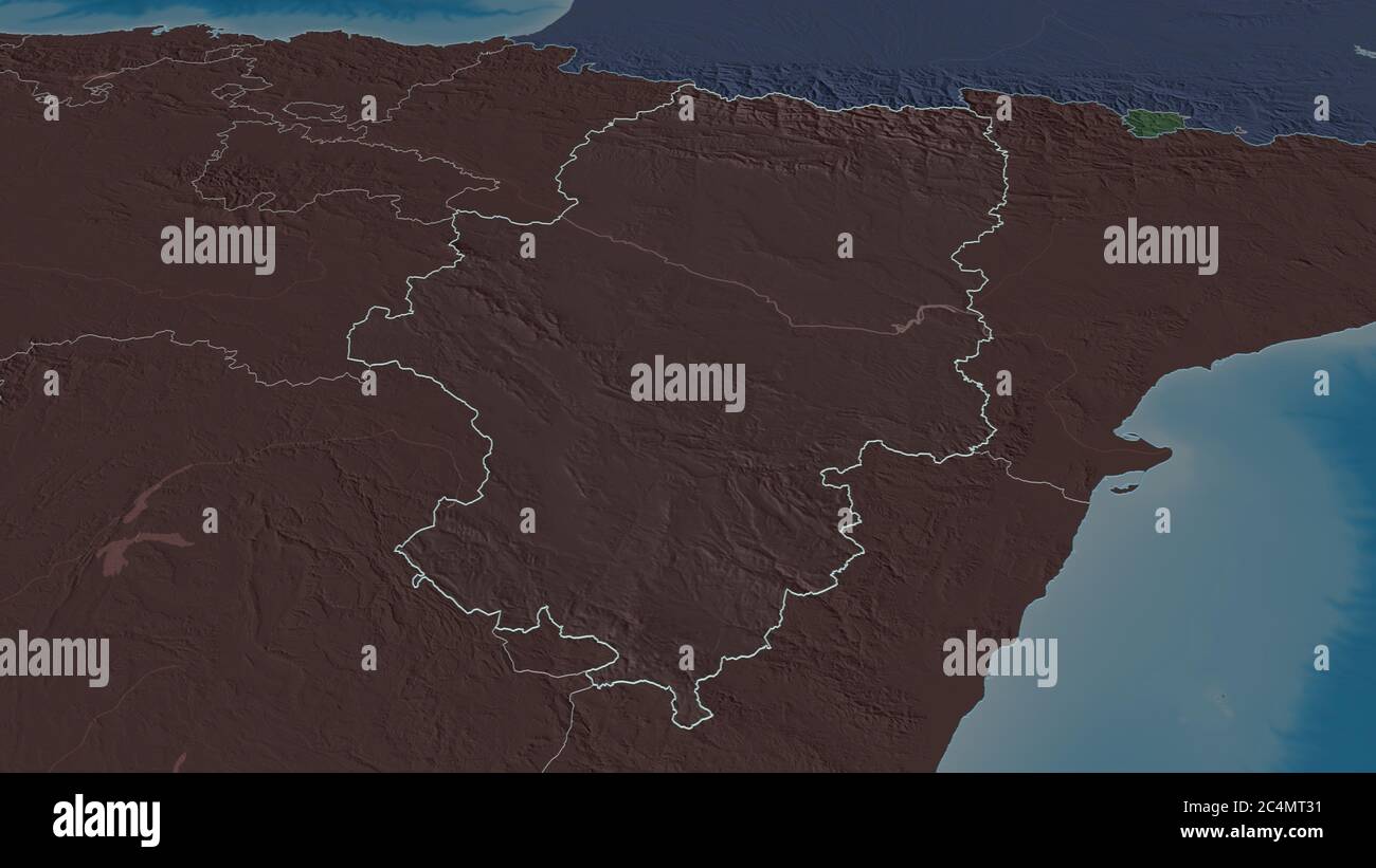 Zoom in on Aragón (autonomous community of Spain) outlined. Oblique ...