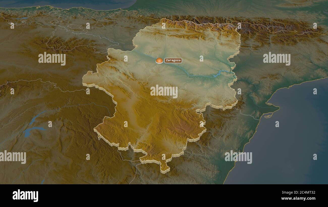 Zoom in on Aragón (autonomous community of Spain) extruded. Oblique ...