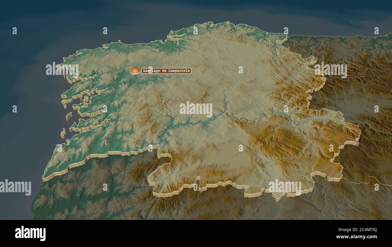 Zoom in on Galicia (autonomous community of Spain) extruded. Oblique ...