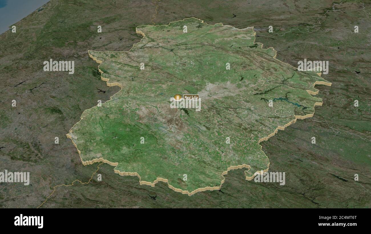 Zoom in on Extremadura (autonomous community of Spain) extruded. Oblique perspective. Satellite ...