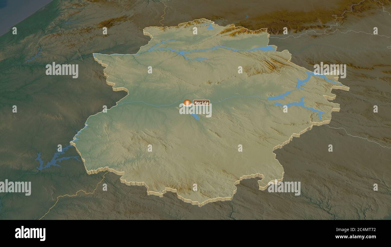 Zoom in on Extremadura (autonomous community of Spain) extruded. Oblique perspective ...