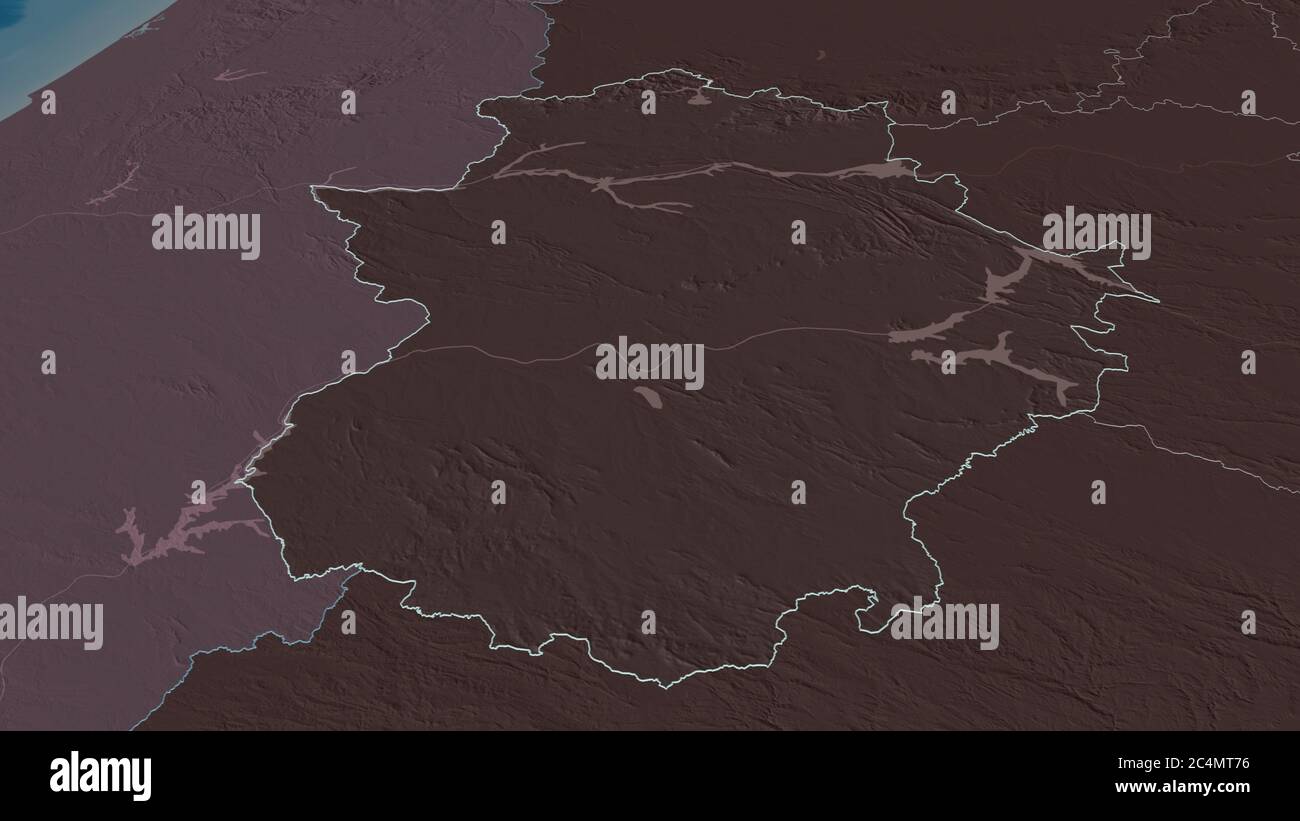 Zoom in on Extremadura (autonomous community of Spain) outlined. Oblique perspective. Colored ...