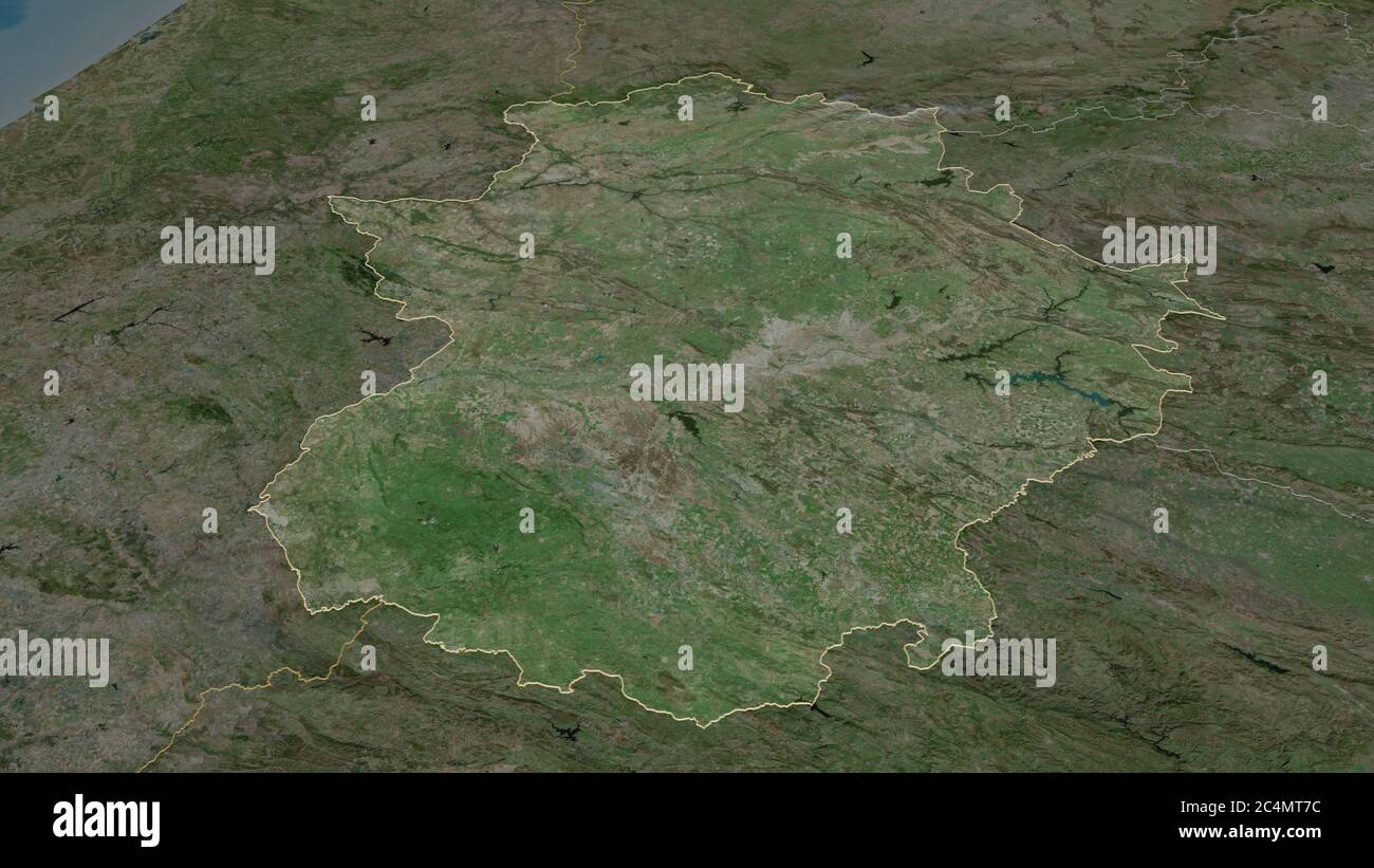 Zoom in on Extremadura (autonomous community of Spain) outlined. Oblique perspective. Satellite ...
